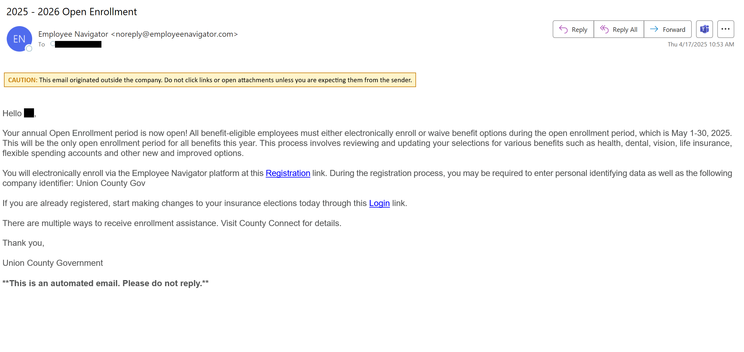 Safe Email Alert: Employee Navigator for Open Enrollment